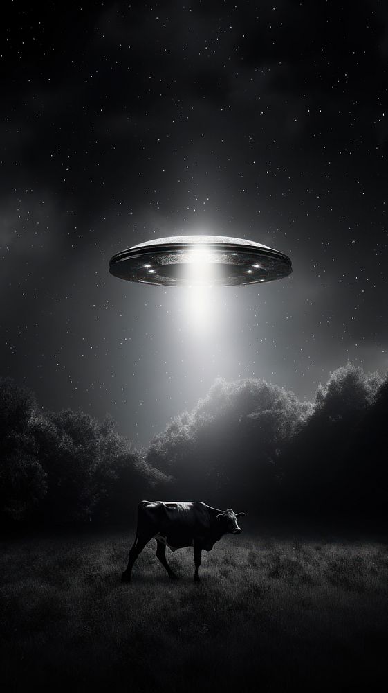 Monochrome UFO taking floating cow | Premium Photo Illustration - rawpixel