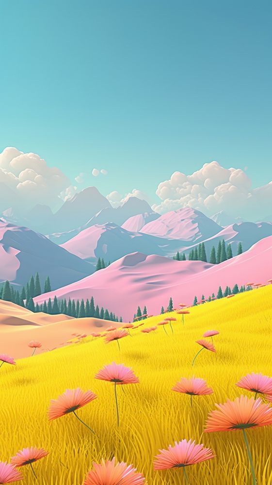 brightly colored field and mountains | Free Photo Illustration - rawpixel
