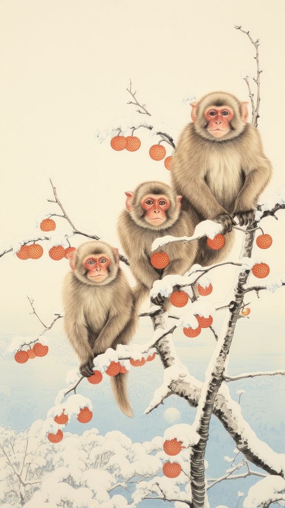 Japanese monkeys winter wildlife drawing | Free Photo Illustration ...