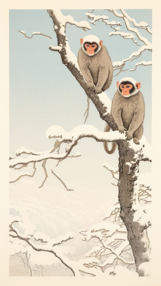 Japanese monkeys winter wildlife drawing | Free Photo Illustration ...