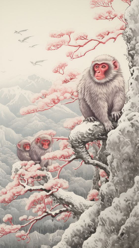 Japanese monkeys winter drawing nature | Free Photo Illustration - rawpixel