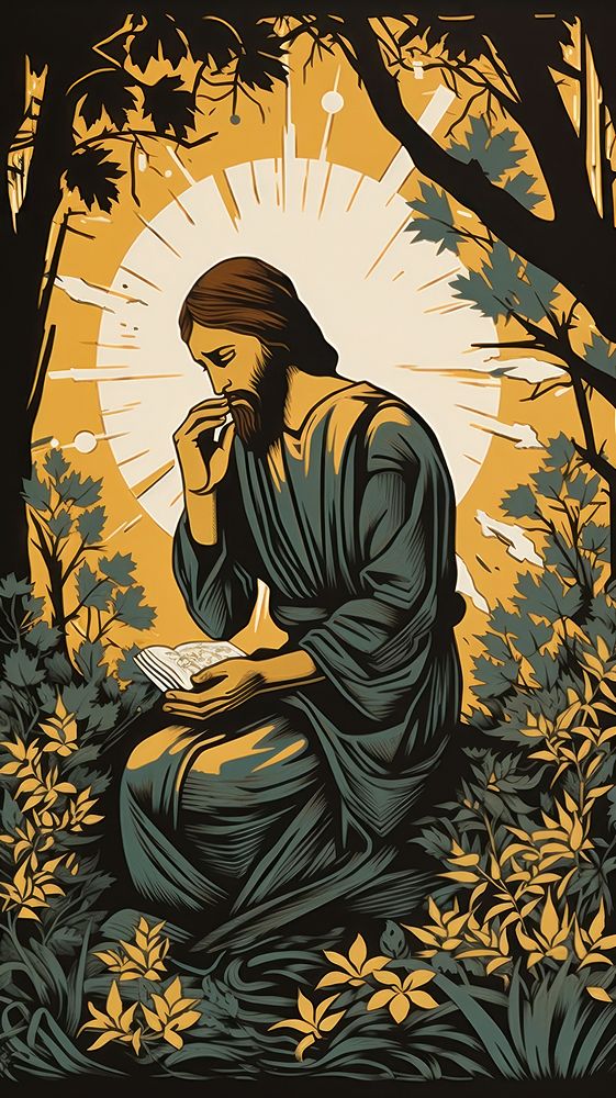 Jesus praying painting drawing nature. | Free Photo Illustration - rawpixel