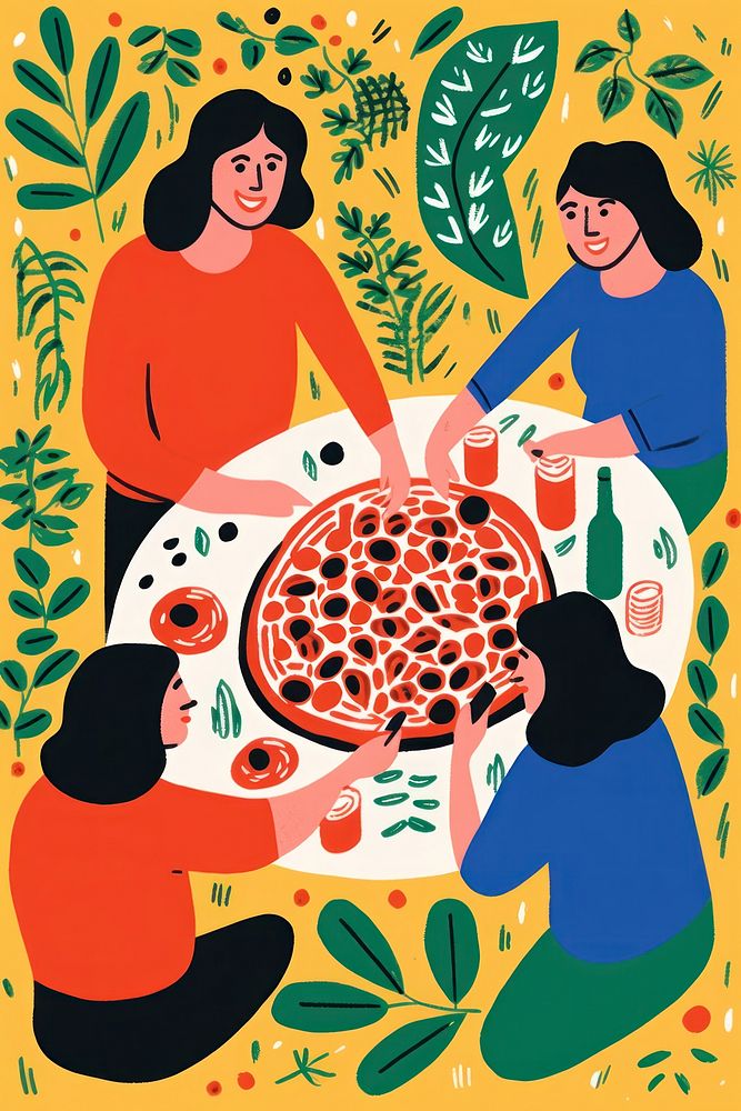 People eating pizza drawing happiness | Premium Photo Illustration ...