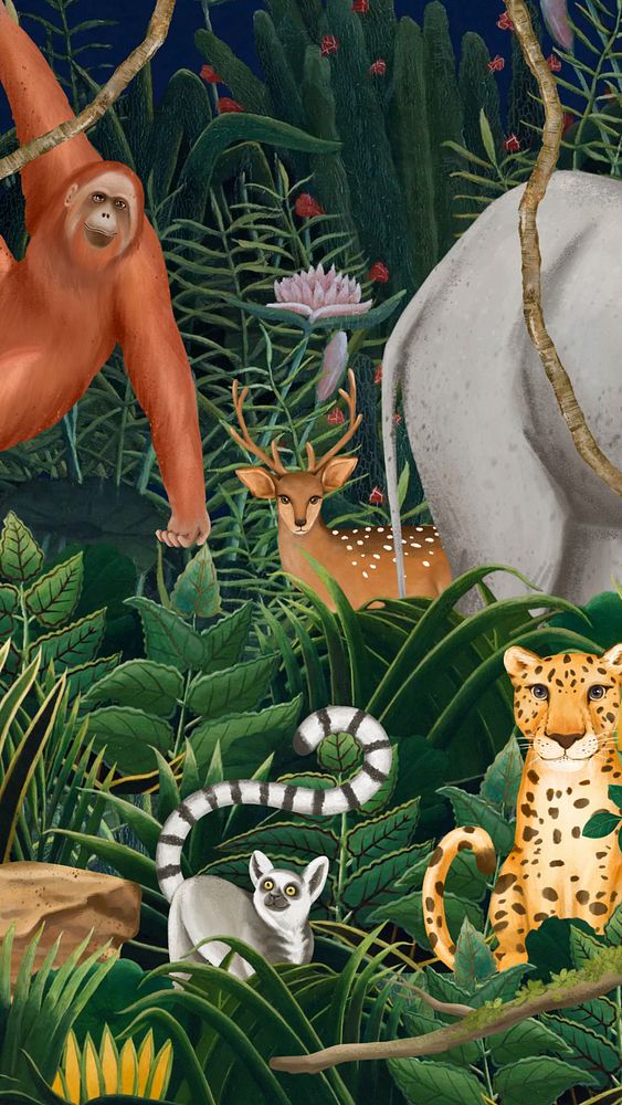 Jungle animals iPhone wallpaper, drawing | Premium Photo Illustration ...