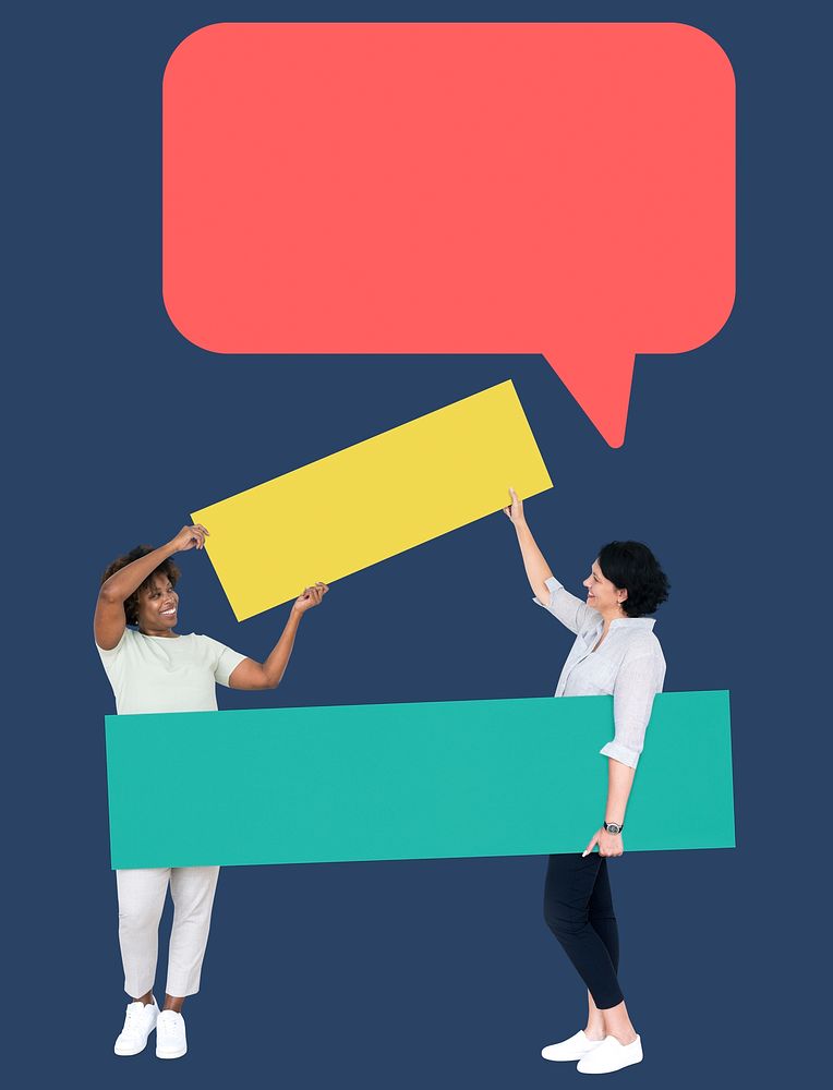 Women partnering hold blank banners | Premium PSD - rawpixel