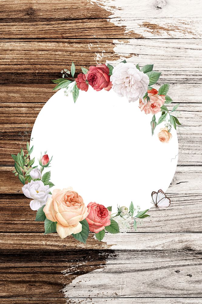 Floral round frame on a wooden | Premium PSD - rawpixel