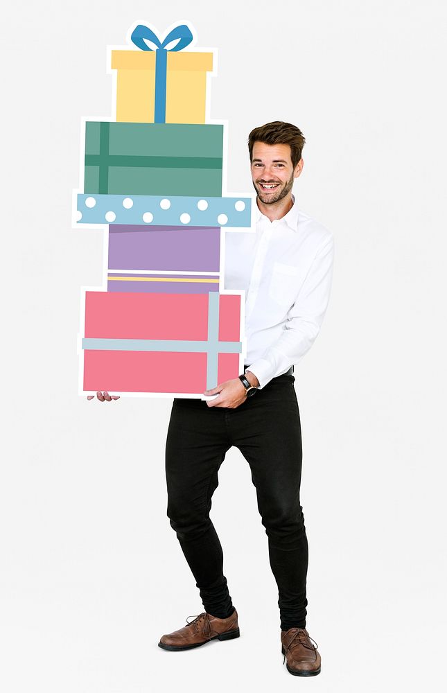 Happy man carrying stack presents | Premium PSD - rawpixel