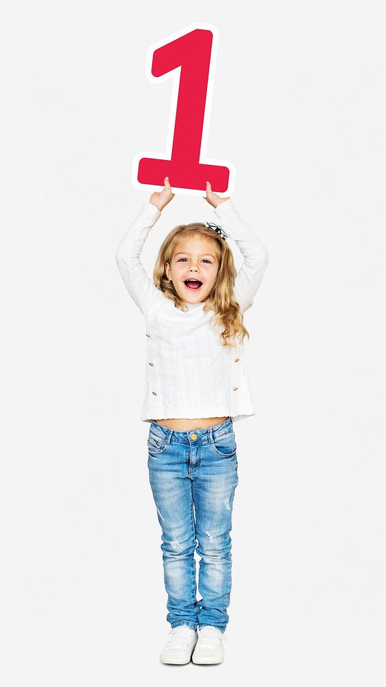 Happy girl holding number one | Free Photo - rawpixel