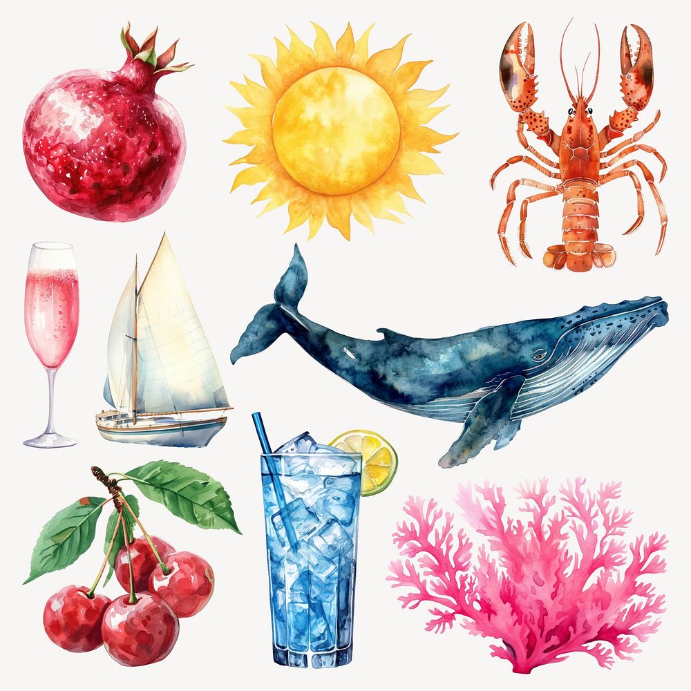 Vibrant summer watercolor illustrations set | Premium PSD - rawpixel