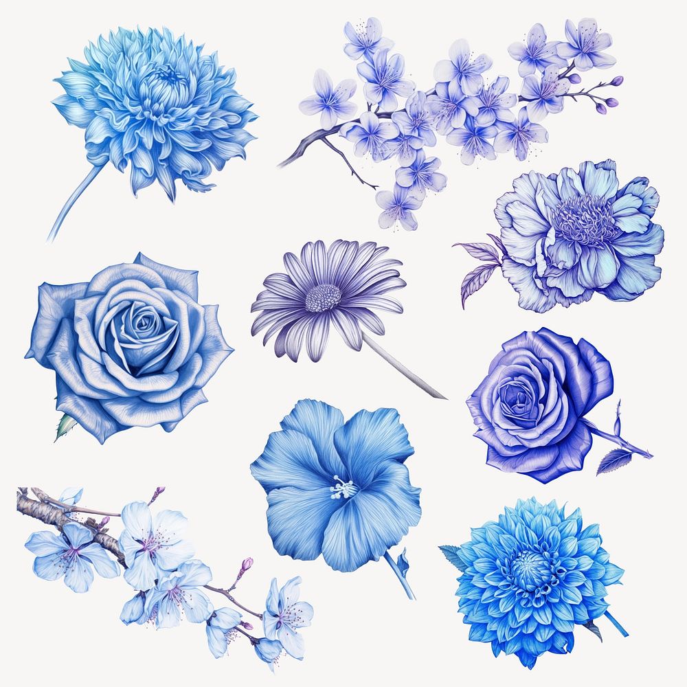 Elegant blue floral illustrations set | Premium PSD - rawpixel
