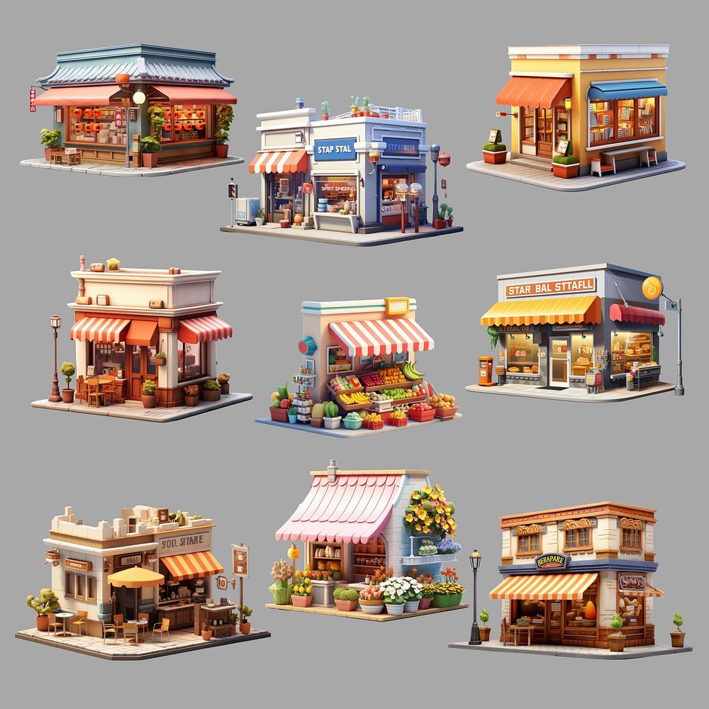 Charming miniature storefronts set psd | Premium PSD - rawpixel