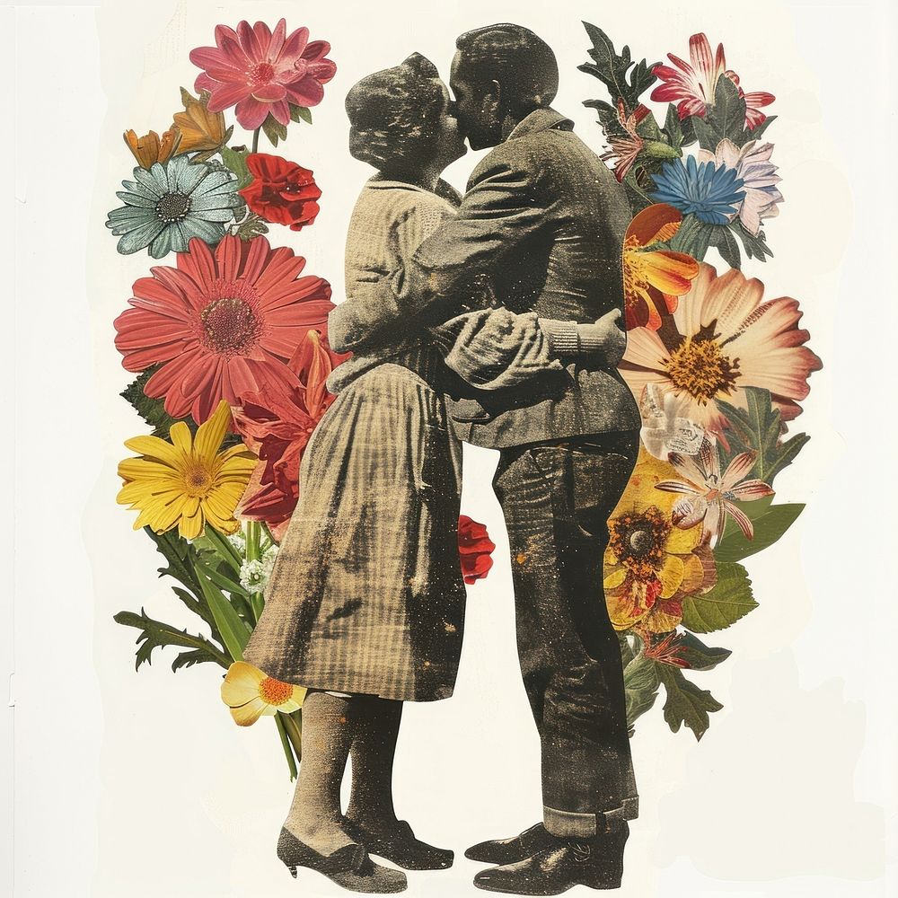 Paper collage people hugging flower | Free Photo Illustration - rawpixel