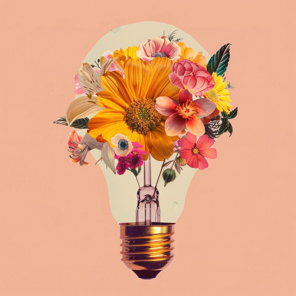 Retro collage light bulb flowers | Free Photo Illustration - rawpixel