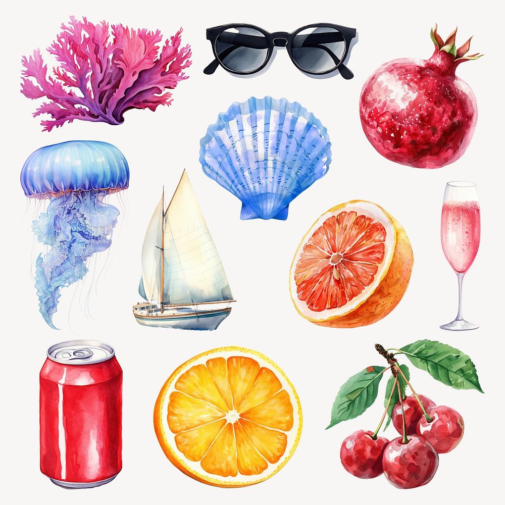 Watercolor Summer element set | Free Photo - rawpixel