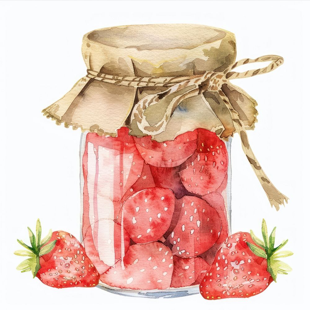 Watercolor strawberry jam jar | Free Photo Illustration - rawpixel