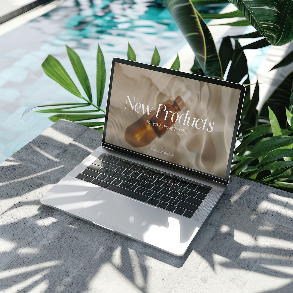 Laptop poolside tropical mockup | Premium PSD Mockup - rawpixel