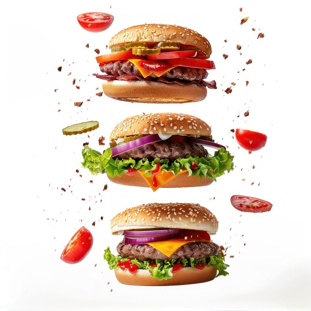 Exploding four burgers food floating | Free Photo - rawpixel