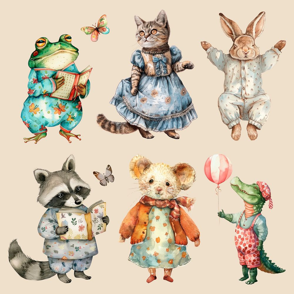 Whimsical animal characters vintage outfits | Premium PSD - rawpixel