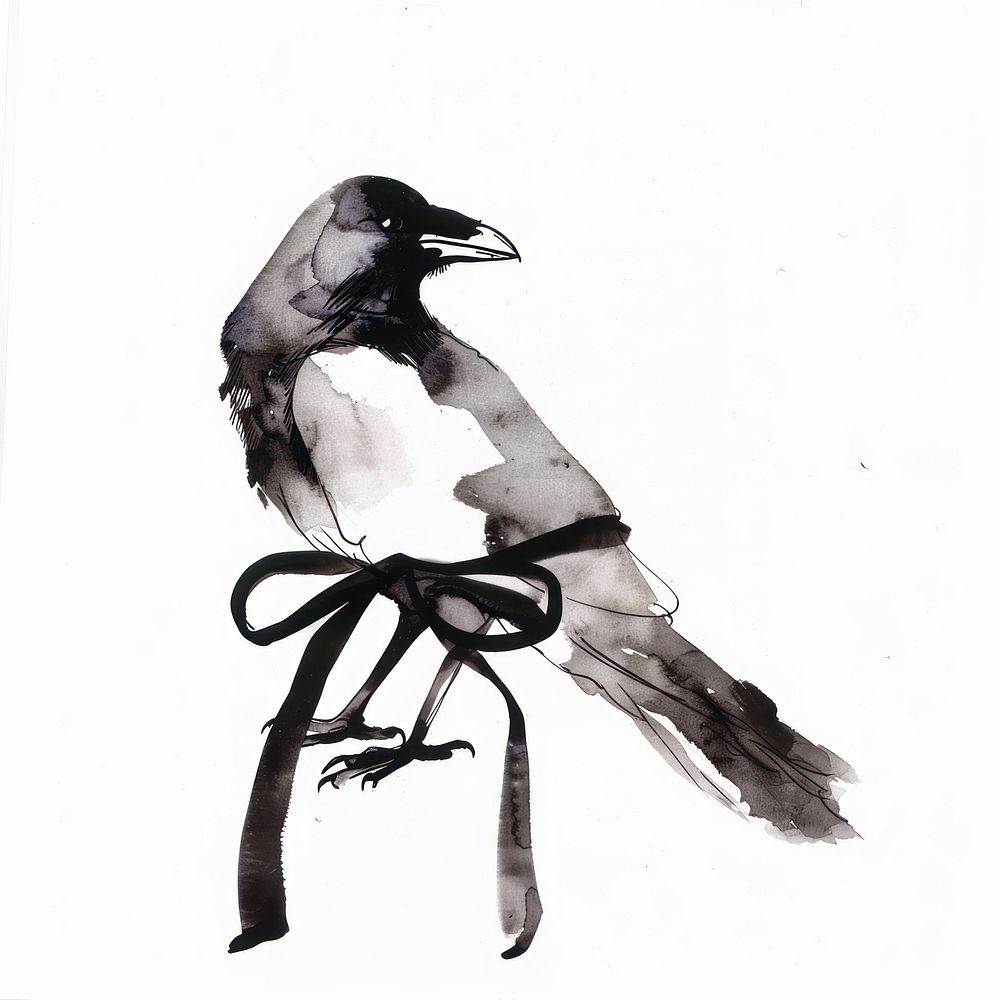 Crow illustration drawing ribbon. | Free Photo Illustration - rawpixel