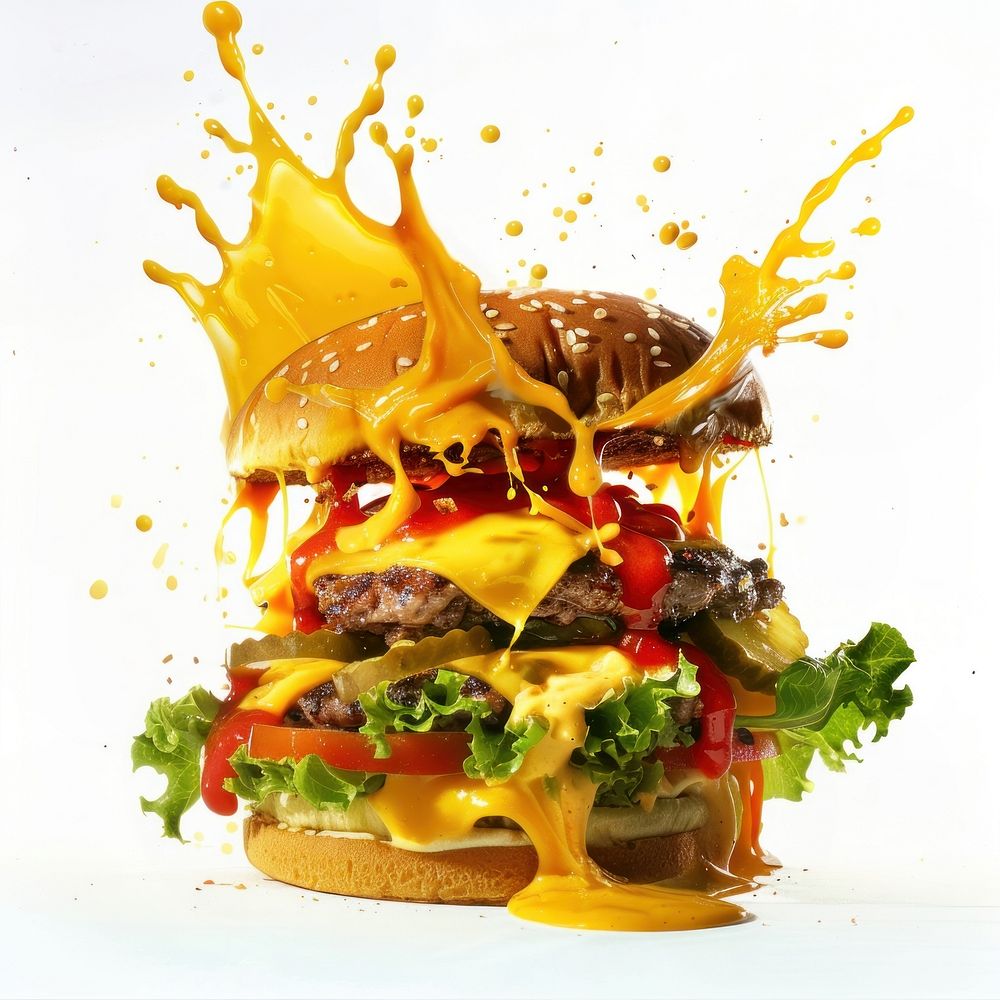 Exploding cheeseburger food mouth-watering photography. | Free Photo ...