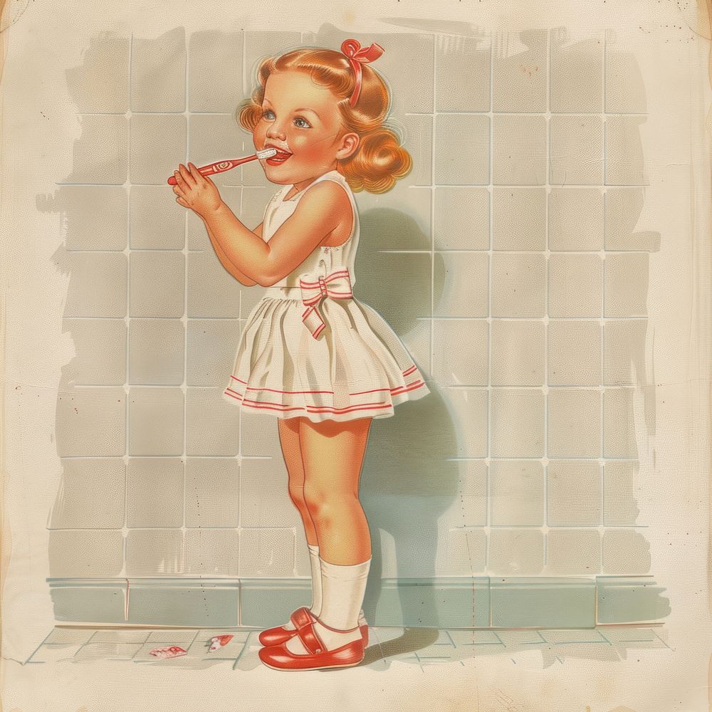 Vintage illustration cute girl brushing | Free Photo Illustration ...
