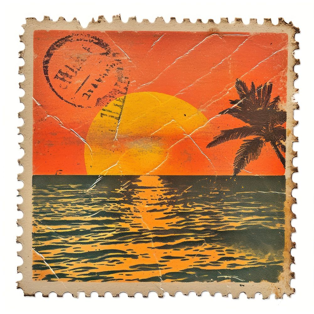 Vintage postage stamp sunset painting | Premium Photo Illustration ...