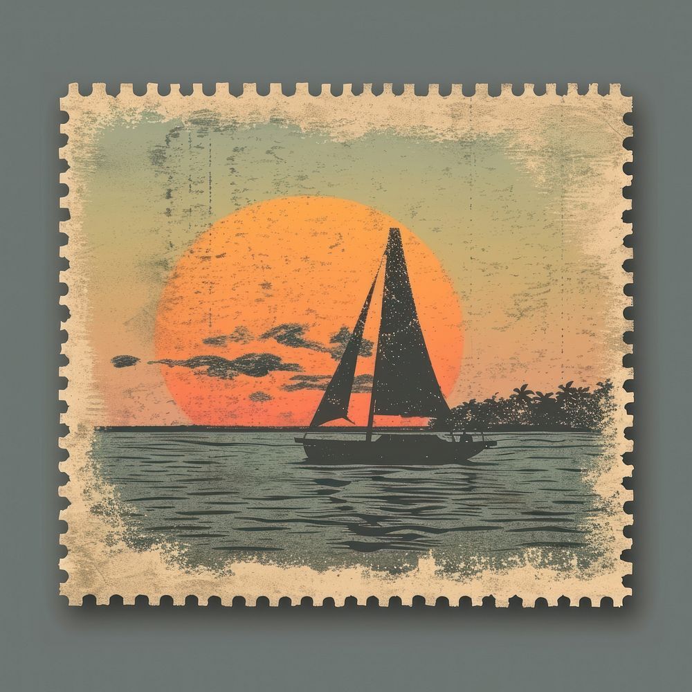 Vintage postage stamp sunset sailboat | Premium Photo Illustration ...