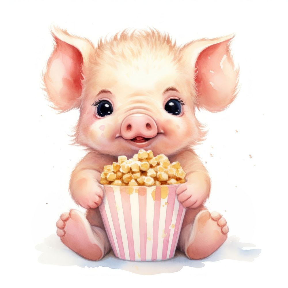 Pig hugging popcorn cartoon mammal | Free Photo Illustration - rawpixel