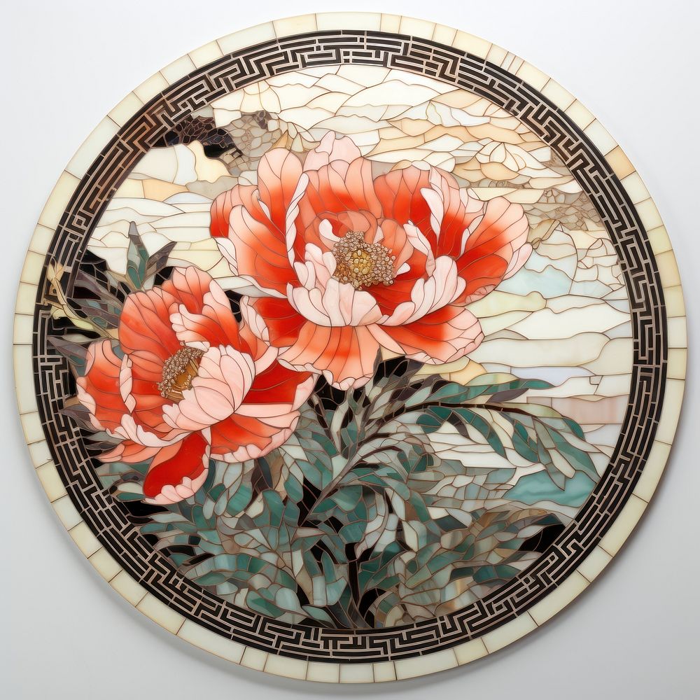 Mountain and peony pattern mosaic | Free Photo Illustration - rawpixel
