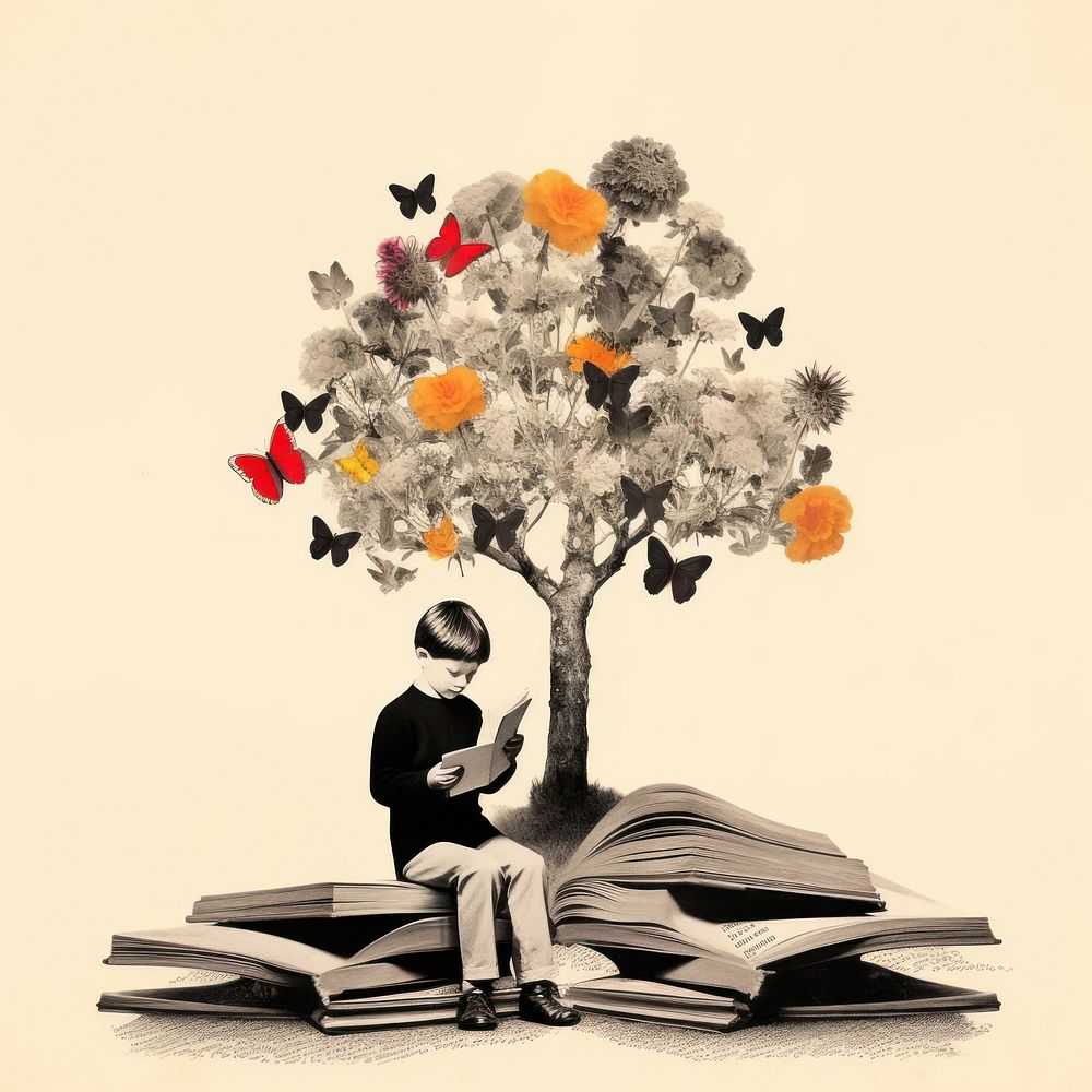 Collage kid reading book flower | Free Photo Illustration - rawpixel