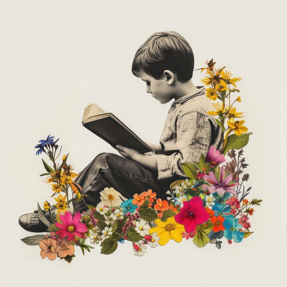 Paper collage boy reading flower | Premium Photo Illustration - rawpixel