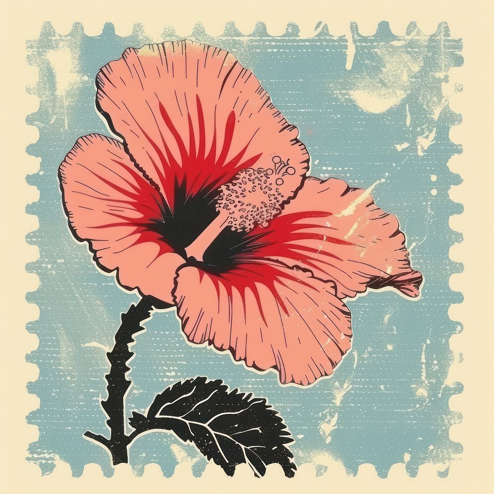 Flower Risograph style hibiscus plant | Free Photo Illustration - rawpixel