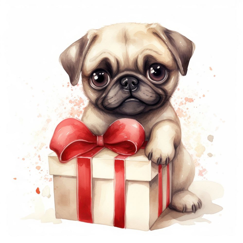 Pug hugging gift box animal | Free Photo Illustration - rawpixel