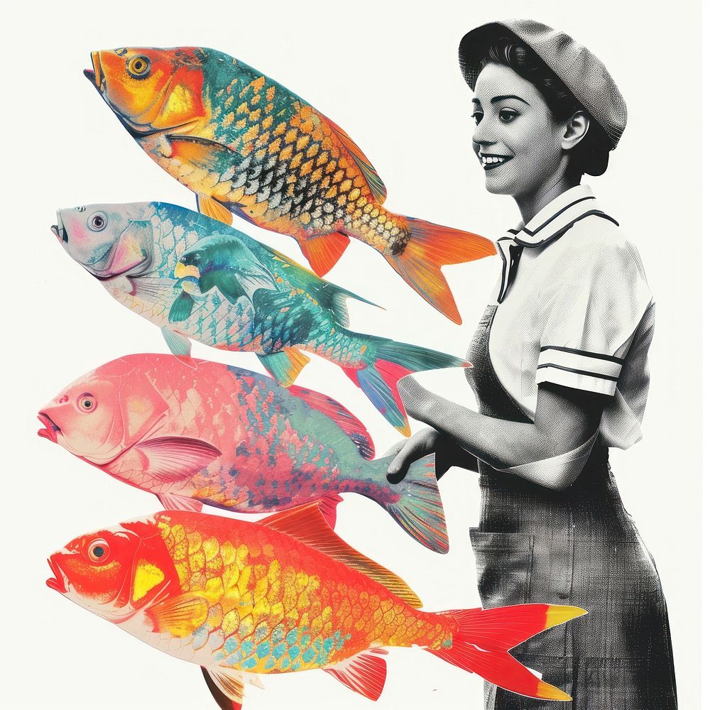 Collage happy waitress fish goldfish | Free Photo Illustration - rawpixel
