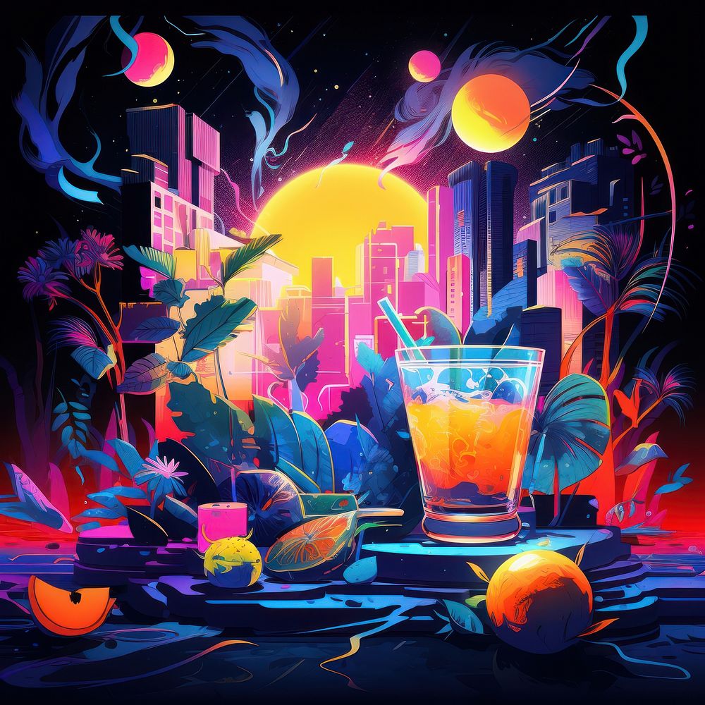 Neon illustration cocktail painting night | Premium Photo Illustration ...