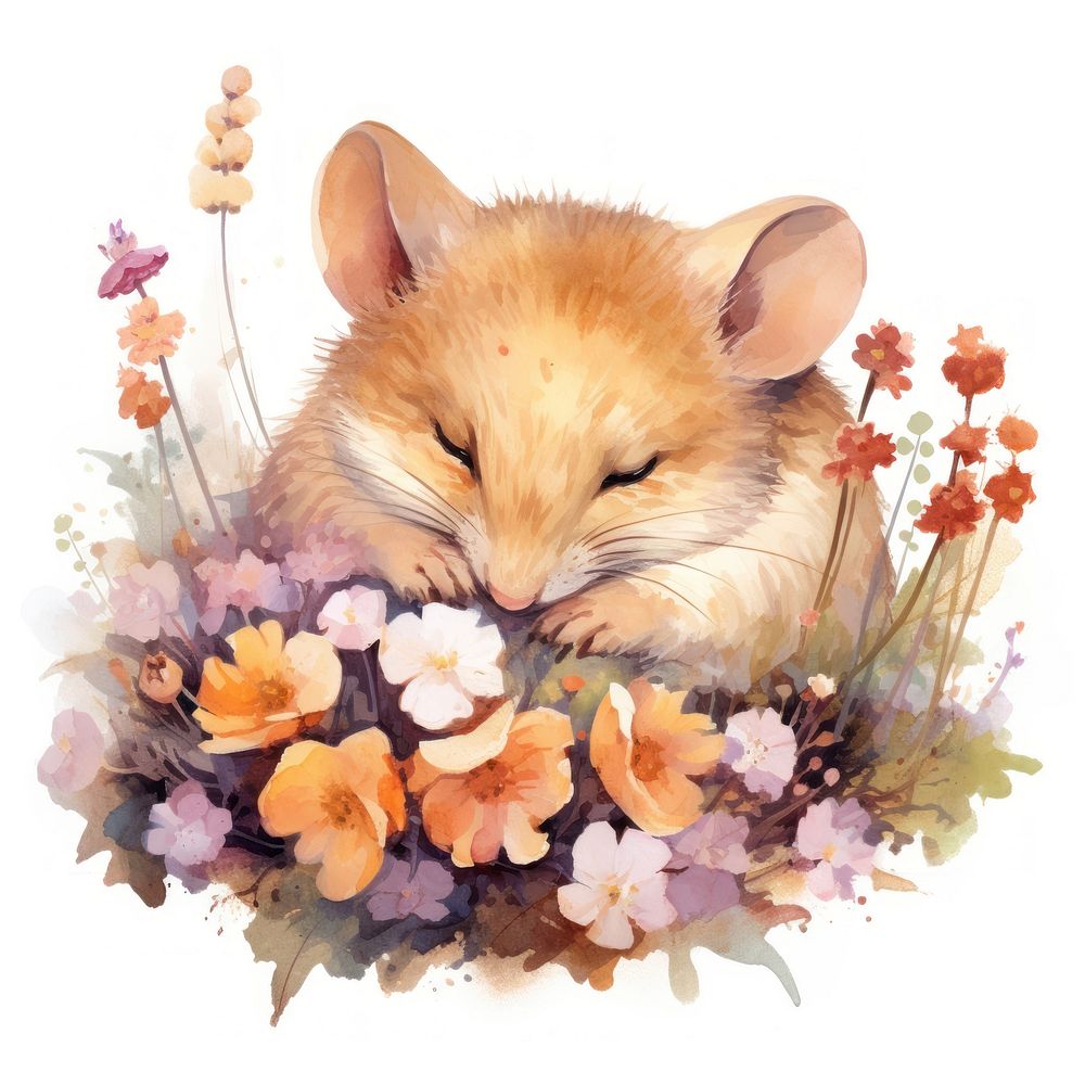 Watercolor mouse sleeping animal flower | Premium Photo Illustration ...