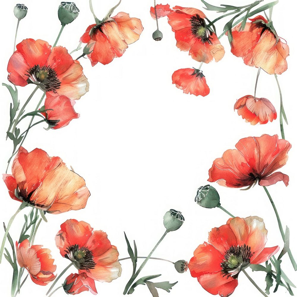 Poppies border watercolor flower poppy | Free Photo Illustration - rawpixel