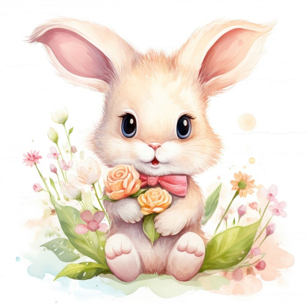 Baby rabbit hugging flower animal | Free Photo Illustration - rawpixel