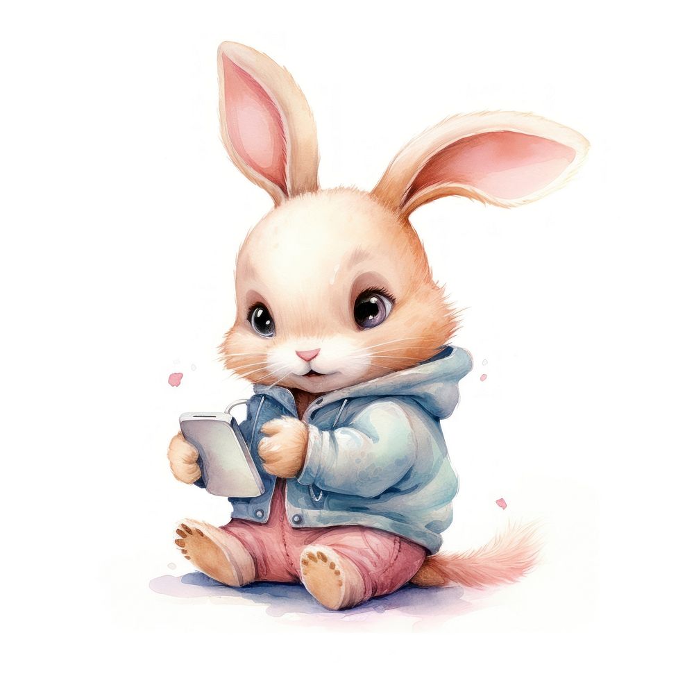 Rabbit hugging phone animal cartoon | Free Photo Illustration - rawpixel