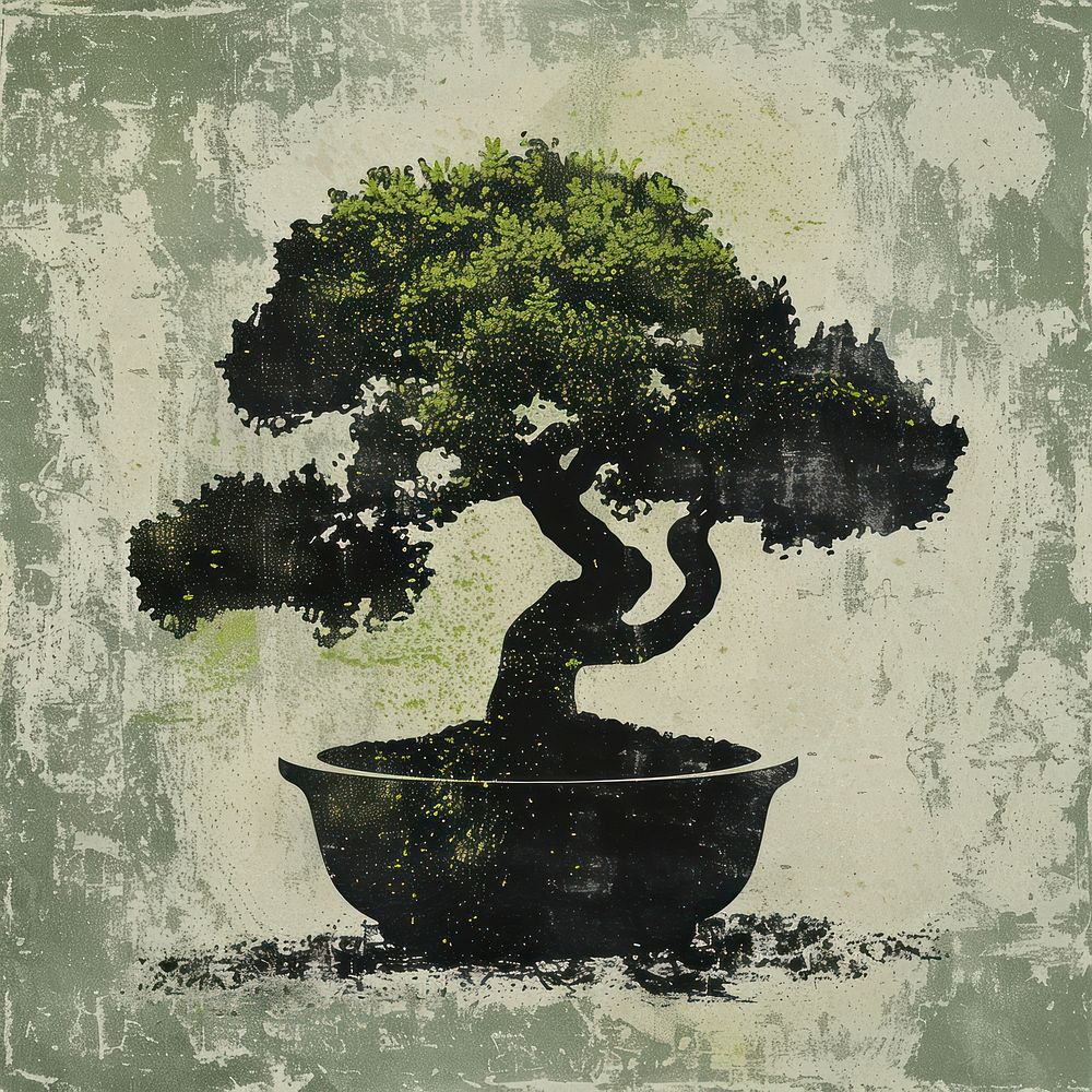 Silkscreen green bonsai art plant | Free Photo Illustration - rawpixel