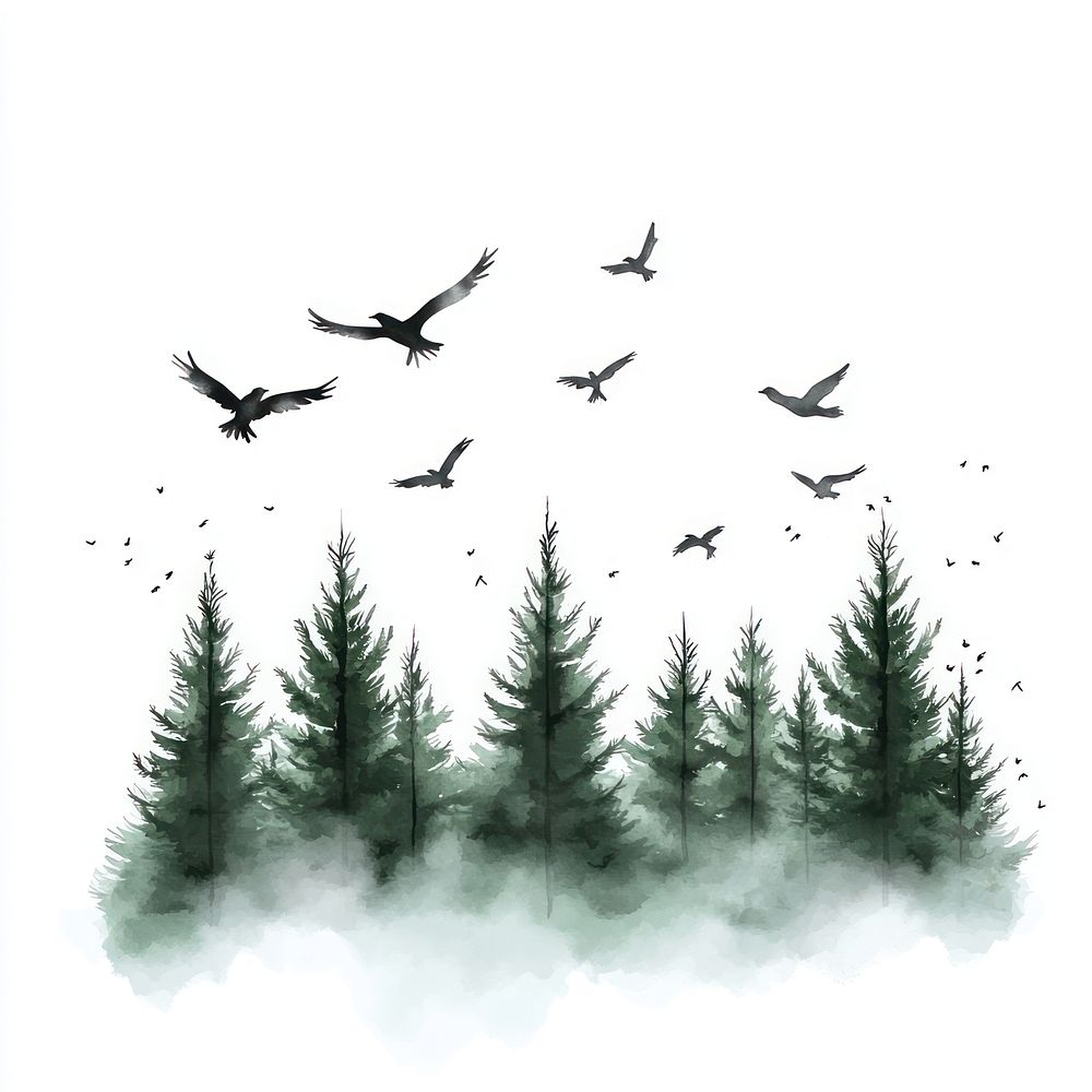 Forest spruce trees flying birds | Free Photo Illustration - rawpixel