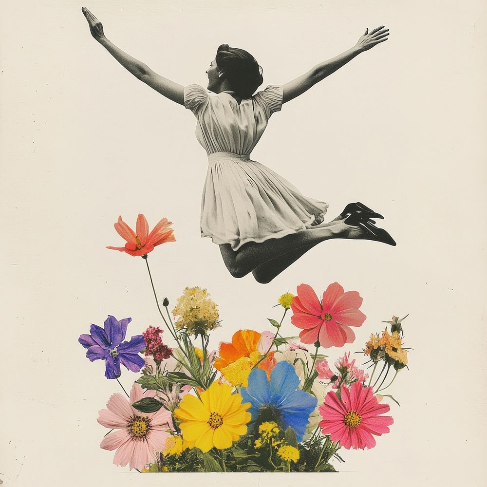 Paper collage woman jumping flowers | Free Photo Illustration - rawpixel