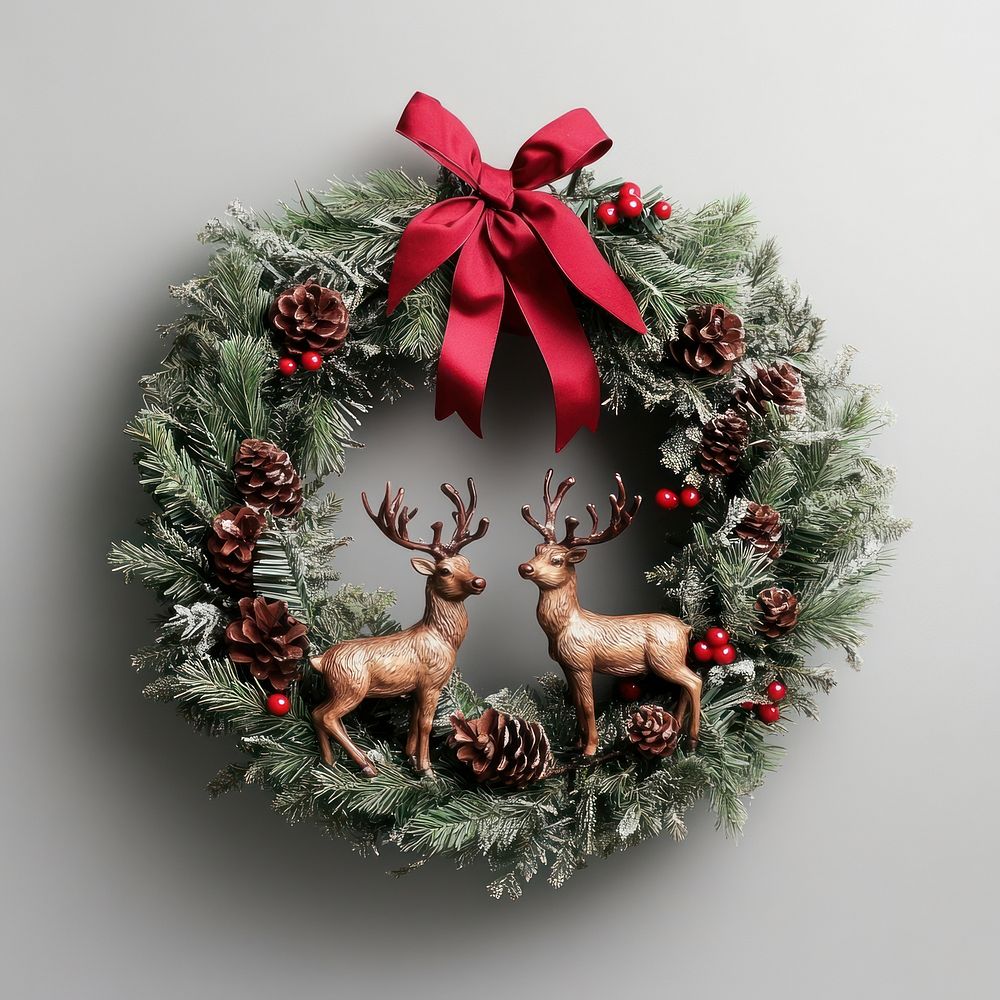 Reindeer and Evergreen Wreath wreath | Free Photo - rawpixel