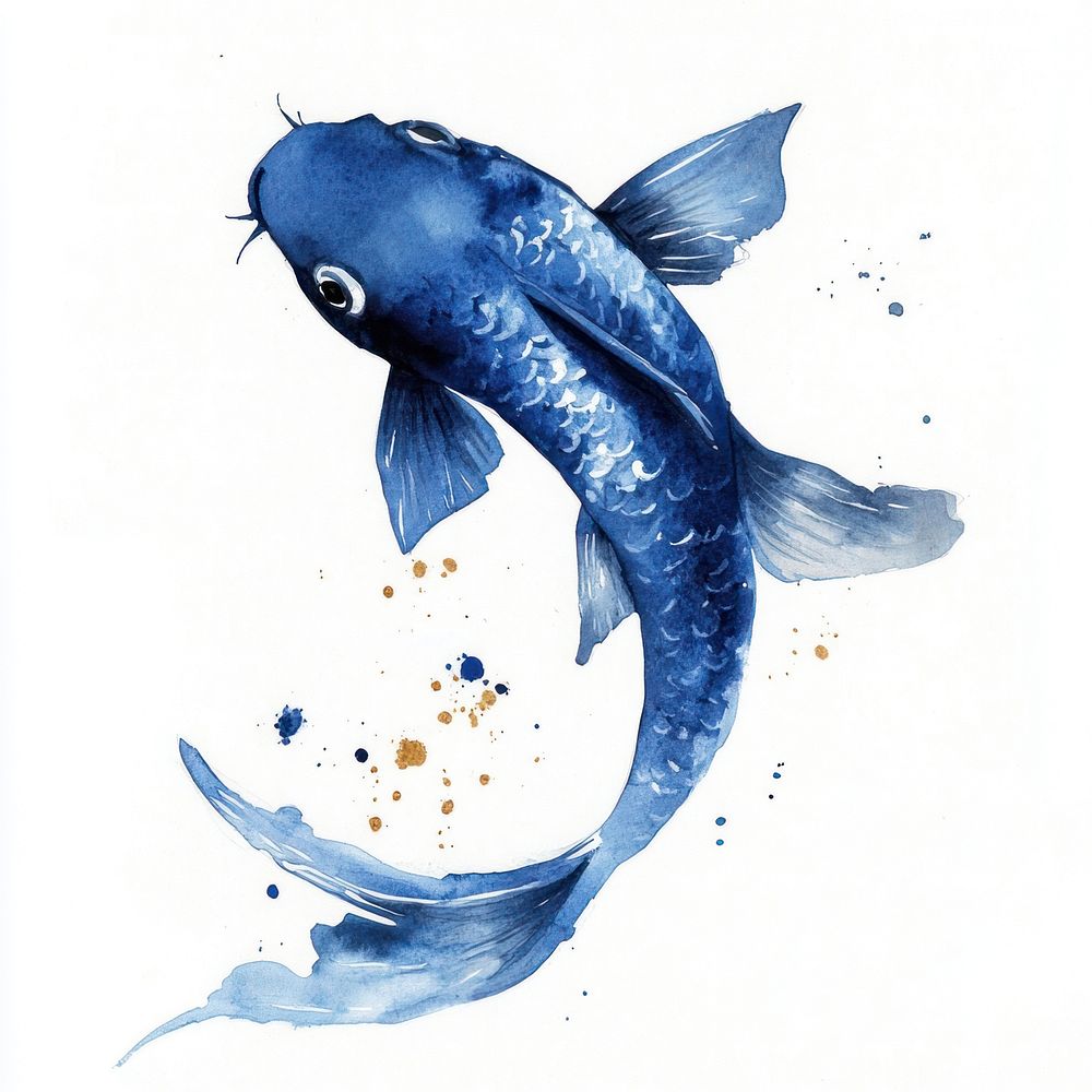 Indigo fish watercolor painting koi. | Free Photo Illustration - rawpixel