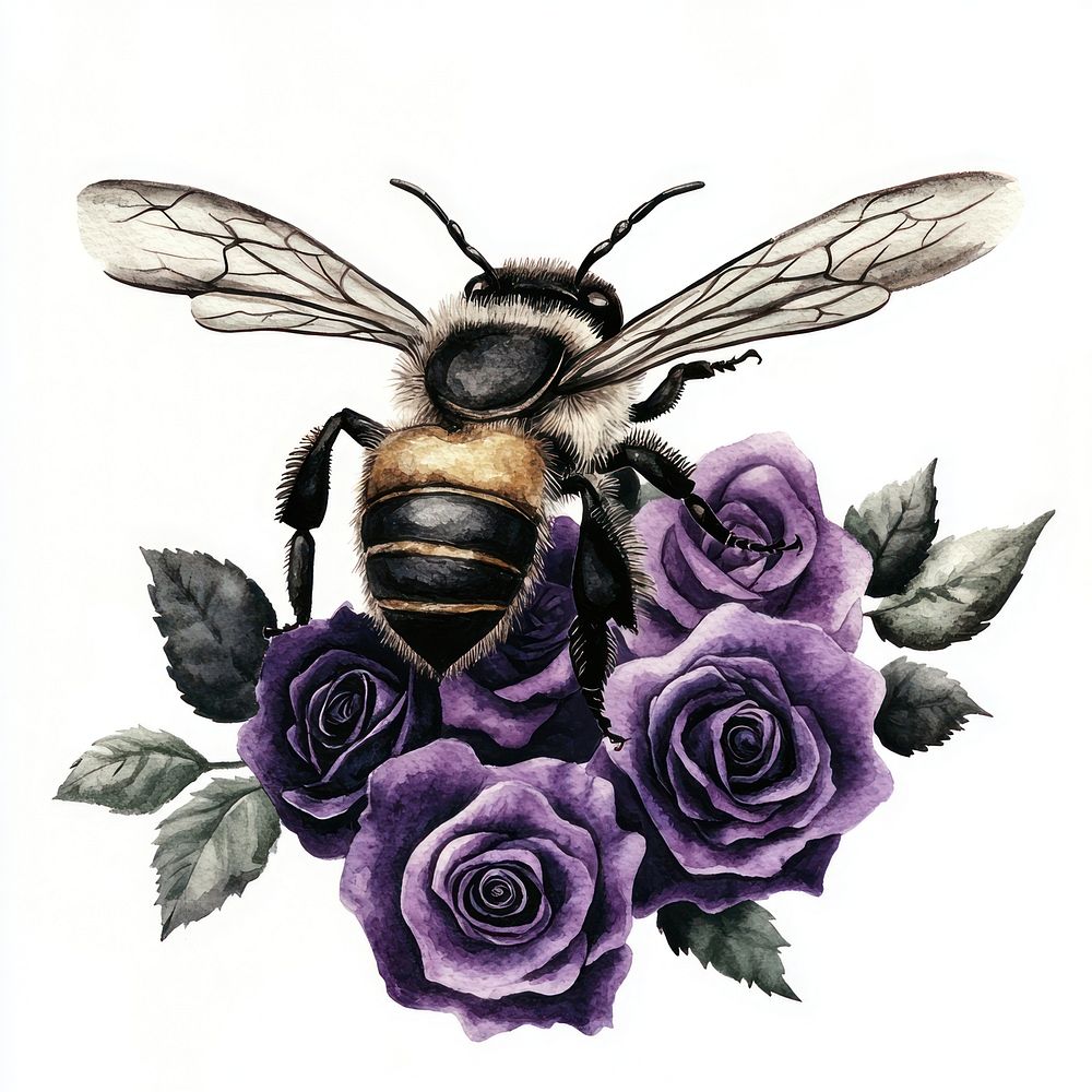 Illustration bee roses purple art. | Free Photo Illustration - rawpixel