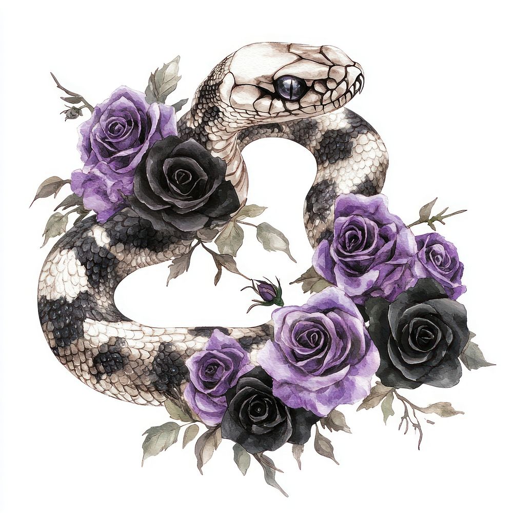 Illustration bone snake roses purple | Free Photo Illustration - rawpixel