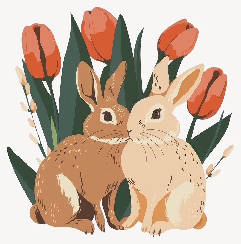 Rabbits squat tulips art illustration | Free Vector - rawpixel
