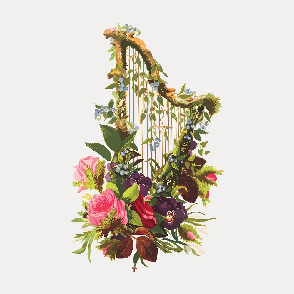 Harp flowers vintage illustration, vintage | Free Vector - rawpixel