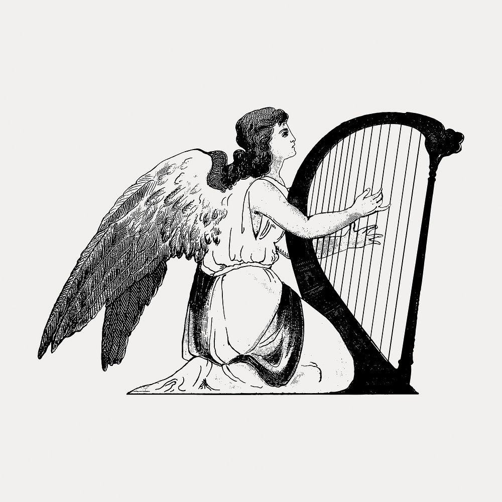 Angel playing harp, vintage illustration, | Free Vector - rawpixel