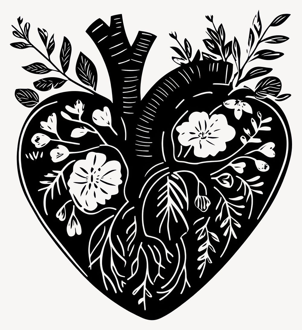Linocut heart floral pattern illustration | Free Vector - rawpixel